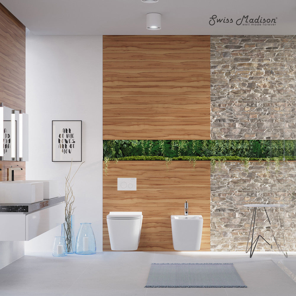 Swiss Madison Concorde Wall-Hung Toilet Bundle 0.8/1.6 GPF Dual Flush in Glossy White with White ...